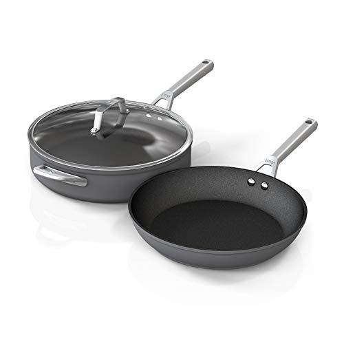 Ninja C33000 Foodi NeverStick Premium 3-Piece Cookware Set, 12-Inch Fry Pan, 5-Quart Sauté Pan with Glass Lid, Hard-Anodized, Nonstick, Durable & Oven Safe to 500°F, Slate Grey