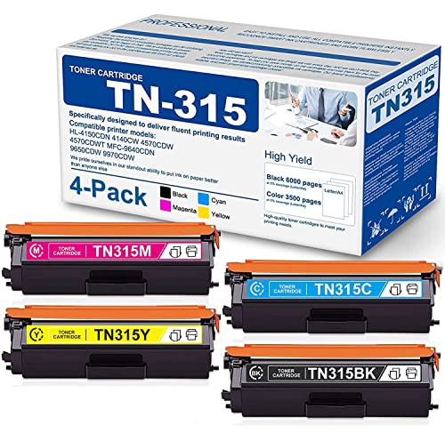 4 Pack (1BK+1C+1M+1Y) TN-315 TN315 Compatible TN315BK TN315C TN315M TN315Y Toner Cartridge Replacement for HL-4150CDN 4140CW MFC-9640CDN 9650CDW Printer Ink Cartridge