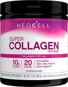 neocell super collagen powder, 10g collagen peptides per serving, gluten free, keto friendly, non-gmo, grass fed, paleo friendly, healthy hair, skin, nails & joints, unflavored, 7 oz