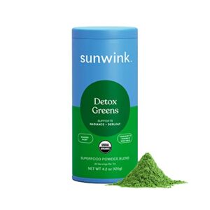 sunwink detox powdered greens – organic greens powder superfood for debloat – super greens powder w/celery, dandelion, spirulina – daily greens powder for gentle detox – 4.2 oz (20 servings)