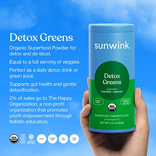 Sunwink Detox Powdered Greens - Organic Greens Powder Superfood for Debloat - Super Greens Powder w/Celery, Dandelion, Spirulina - Daily Greens Powder for Gentle Detox - 4.2 oz (20 Servings)