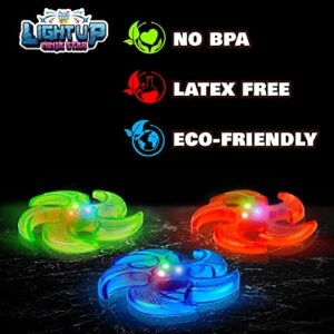 Light Up Ninja Flyers Set, 3 LED Electronic Stars, Heavy Duty Rubber Throwing Discs, Fun and Interactive Kids Toys for Tossing, Games, and Play, 3 Colors, Includes Gift Box