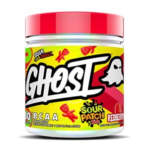 ghost bcaa amino acids, sour patch kids redberry – 30 servings – sugar-free intra and post workout powder & recovery drink, 7g bcaa – supports muscle growth & endurance- soy & gluten-free, vegan