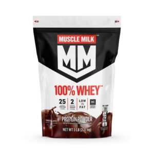 muscle milk 100% whey protein powder, chocolate, 5 pound, 66 servings, 25g protein, 2g sugar, low in fat, nsf certified for sport, energizing snack, workout recovery, packaging may vary