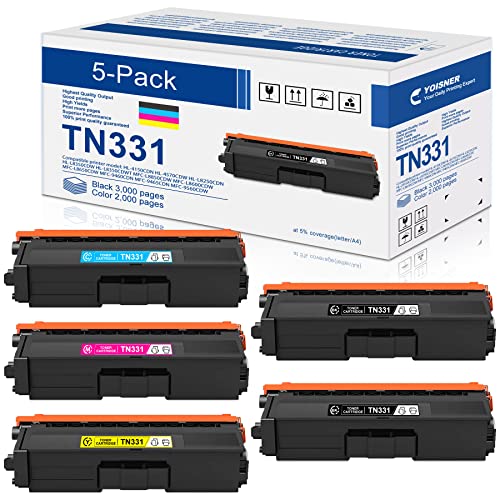 TN331 Toner Cartridge: 5-Pack TN-331BK TN-331C TN-331M TN-331Y Replacement for Brother TN-331 for HL-L8350CDW HL-4150CDN MFC-L8850CDW MFC-9970CDW MFC-L8600CDW Printer