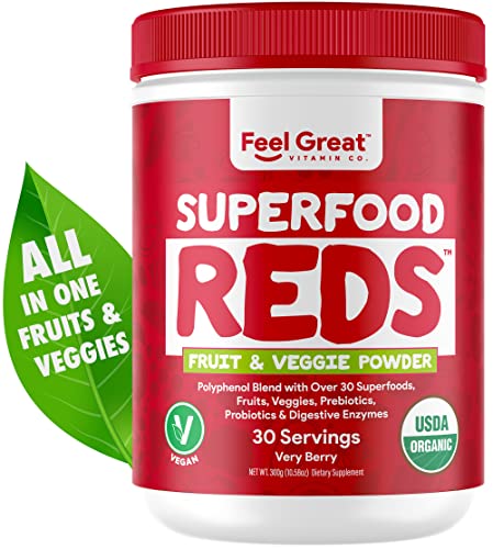 Superfood Reds Powder Fruit & Veggie Powder by Feel Great Vitamin Co. | Reds Superfood Powder with Beet Root Powder, Polyphenols, & Enzymes | Fruit Vegetable Supplements | Berry Flavor, (30 Servings)