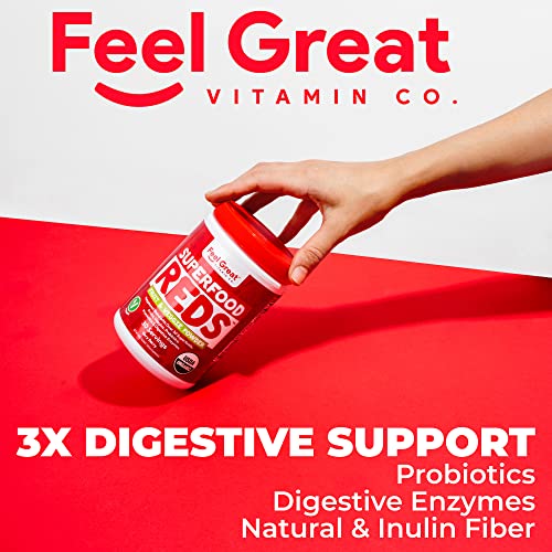 Superfood Reds Powder Fruit & Veggie Powder by Feel Great Vitamin Co. | Reds Superfood Powder with Beet Root Powder, Polyphenols, & Enzymes | Fruit Vegetable Supplements | Berry Flavor, (30 Servings)