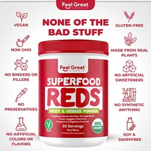 Superfood Reds Powder Fruit & Veggie Powder by Feel Great Vitamin Co. | Reds Superfood Powder with Beet Root Powder, Polyphenols, & Enzymes | Fruit Vegetable Supplements | Berry Flavor, (30 Servings)