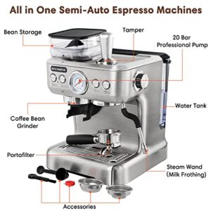 Espresso Machine with Grinder and Milk Frother, 20 Bar Semi Automatic Espresso Coffee Machine Latte and Cappuccino Coffee Maker All in One Espresso Machine For Home Barista, Brushed Stainless Steel