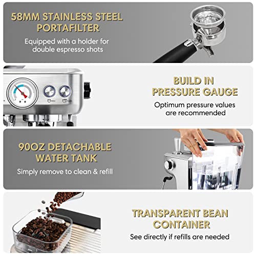 Espresso Machine with Grinder and Milk Frother, 20 Bar Semi Automatic Espresso Coffee Machine Latte and Cappuccino Coffee Maker All in One Espresso Machine For Home Barista, Brushed Stainless Steel