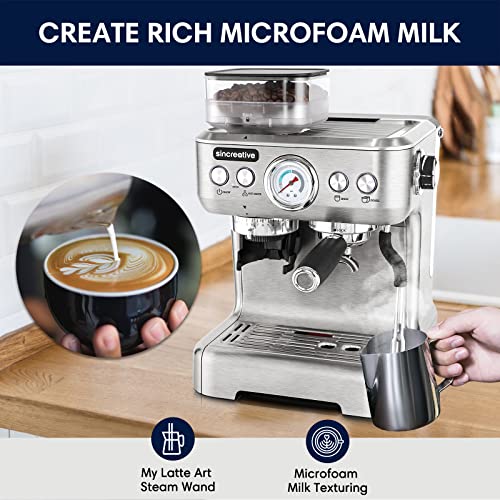 Espresso Machine with Grinder and Milk Frother, 20 Bar Semi Automatic Espresso Coffee Machine Latte and Cappuccino Coffee Maker All in One Espresso Machine For Home Barista, Brushed Stainless Steel