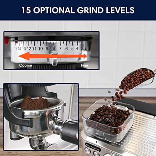 Espresso Machine with Grinder and Milk Frother, 20 Bar Semi Automatic Espresso Coffee Machine Latte and Cappuccino Coffee Maker All in One Espresso Machine For Home Barista, Brushed Stainless Steel