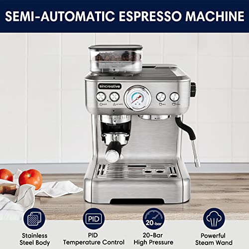 Espresso Machine with Grinder and Milk Frother, 20 Bar Semi Automatic Espresso Coffee Machine Latte and Cappuccino Coffee Maker All in One Espresso Machine For Home Barista, Brushed Stainless Steel