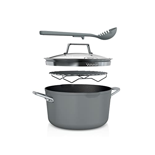 Ninja CW202GY Foodi NeverStick PossiblePot, Premium Set with 7-Quart Capacity Pot, Roasting Rack, Glass Lid & Integrated Spoon, Nonstick, Durable & Oven Safe to 500°F, Sea Salt Grey