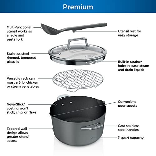 Ninja CW202GY Foodi NeverStick PossiblePot, Premium Set with 7-Quart Capacity Pot, Roasting Rack, Glass Lid & Integrated Spoon, Nonstick, Durable & Oven Safe to 500°F, Sea Salt Grey