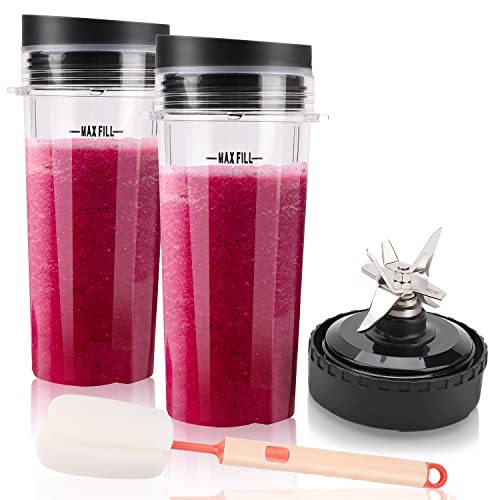 Single Serve 16 oz Blender Cups & 6 Fins Blender Blade Assembly Replacement Parts Compatible w/Nutri Ninja BL770 BL771 BL772 BL740 BL780 BL660 BL663 Professional Smoothie Blender | 2 Cups & 1 Blade