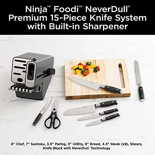 Ninja K32015A Foodi NeverDull Premium Knife System, 15 Piece Knife Block Set with Built-in Sharpener, German Stainless Steel Knives, Black