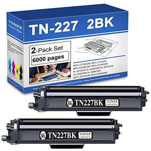 (2 Pack) TN227BK Compatible TN-227BK Black Toner Cartridge Replacement for Brother MFC-L3770CDW MFC-L3710CW MFC-L3750CDW MFC-L3730CDW Printer Toner.