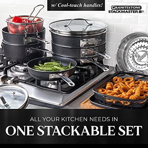 Granitestone 15 Piece Stackmaster Ultra Non stick Cookware Set, Pots and Pans Kitchen Set with Cool Touch Handles, Dishwasher-safe, Oven-safe Cookware Sets 100% PFOA-Free As Seen On TV