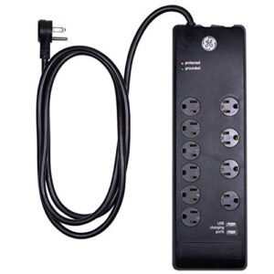 ge ultrapro 10-outlet surge protector, 2 usb ports, 6 ft power cord, 3000 joules, flat plug, twist to close safety covers, power filter, circuit breaker, warranty, ul listed, black, 14096