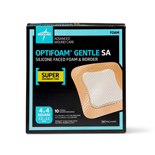 Medline Optifoam Gentle Silicone Faced Foam Dressing, Super Absorbent, 4x4 (Pack of 10)