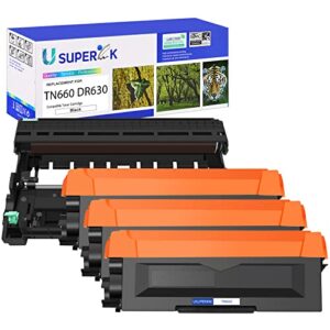 usuperink compatible for brother tn660 tn-660 dr630 dr-630 work with hl-l2360dw hl-l2380dw dcp-l2520dw dcp-l2540dw mfc-l2707dw printer (3 pk black tn-660 toner cartridges, 1 pk dr-630 drum unit)