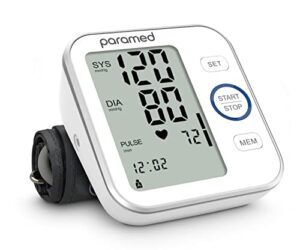 paramed blood pressure monitor – bp machine – automatic upper arm blood pressure cuff 8.7-15.7 inches – large lcd display 120 sets memory – device bag & batteries included