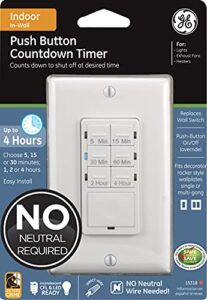 ge push-button countdown timer switch, 5-15-30 minute/1-2-4 hour, on/off, no neutral wire needed, ideal for lights, exhaust fans, heaters, wall plate included, 15318 , white