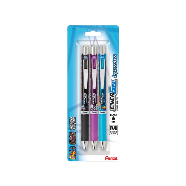 Pentel EnerGel RTX Impressions Gel Pen 0.7mm Med, Assorted Stylish Barrel Accents, Refillable Black Ink, 3 Pack