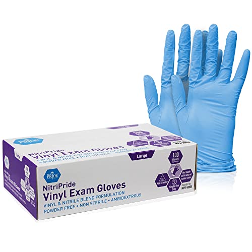 Med PRIDE NitriPride Nitrile-Vinyl Blend Exam Gloves, Large 100 - Powder Free, Latex Free & Rubber Free - Single Use Non-Sterile Protective Gloves for Medical Use, Cooking, Cleaning & More