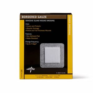 medline bordered gauze, 4″ x 4″ adhesive island wound dressing, sterile, 15 count