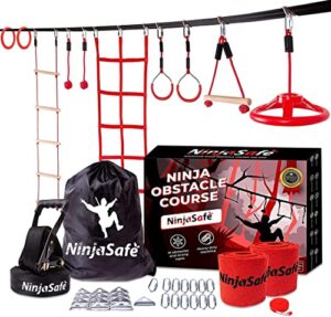 ninja obstacle course for kids backyard – 10 durable obstacles and 50′ slackline – outdoor playset equipment for girls & boys with climbing net & ladder, wheel, warrior gymnastics & monkey bars