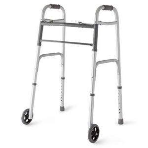 medline two-button folding walker with wheels, metallic, 1 count