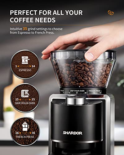 SHARDOR Conical Burr Coffee Grinder, Electric Adjustable Burr Mill with 35 Precise Grind Setting for 2-12 Cup, Black