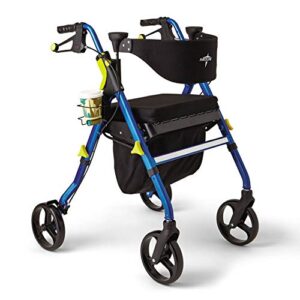 medline premium empower rollator walker with seat, folding rolling walker with 8-inch wheels, blue