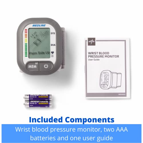 Medline Digital Wrist Blood Pressure Monitor, BP Cuff with Batteries Included (60 Reading Memory)