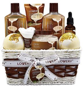 bath and body gift basket for women and men – 9 piece set of vanilla coconut home spa set, includes fragrant lotions, extra large bath bombs, coconut oil, luxurious bath towel & more