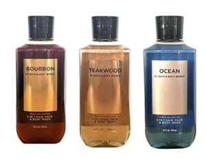 bath and body works 3 pack 2-in-1 hair + body wash teakwood, ocean and bourbon. 10 oz.