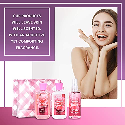 Vital Luxury Bath & Body Care Travel Set - Home Spa Set with Body Lotion, Shower Gel and Fragrance Mist (Japanese Cherry Blossom)