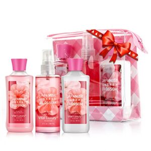 vital luxury bath & body care travel set – home spa set with body lotion, shower gel and fragrance mist (japanese cherry blossom)