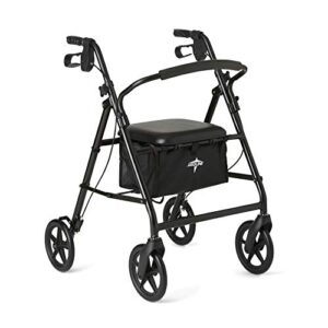 medline aluminum rollator walker with seat, folding mobility rolling walker has 8 inch wheels, black