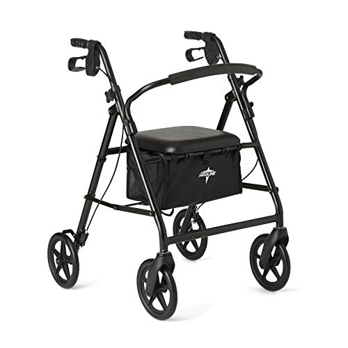 Medline Aluminum Rollator Walker with Seat, Folding Mobility Rolling Walker has 8 inch Wheels, Black