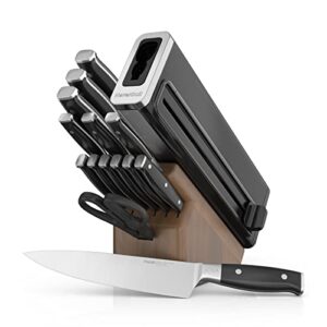 ninja k52015 foodi neverdull 15 piece premium knife system, wood series block, german stainless steel, with built-in sharpener, stainless steel/walnut