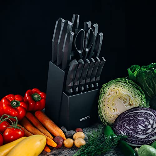 15 Piece Kitchen Knife Block Set, Full Tang, High Carbon Stainless Steel, Geometric Modern Handles, Black Matte Blades by DFACKTO