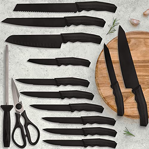 15 Piece Kitchen Knife Block Set, Full Tang, High Carbon Stainless Steel, Geometric Modern Handles, Black Matte Blades by DFACKTO