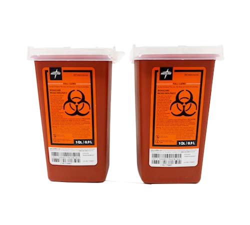 Medline Portable Sharps Container with Lid, Red, 1 Qt (2 Pack)