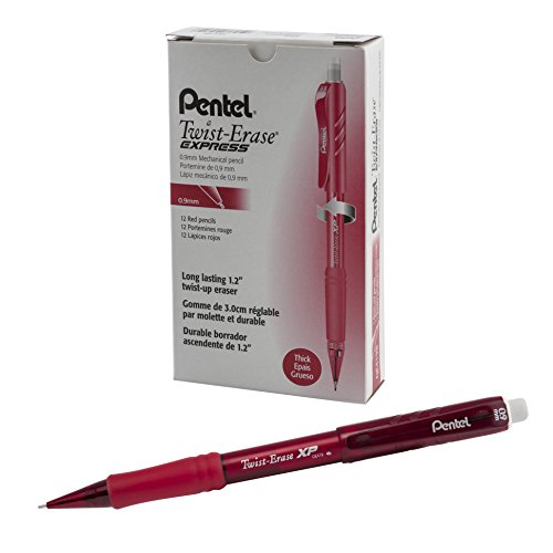 Pentel Twist-Erase EXPRESS Mechanical Pencil 0.9mm, Red Barrel, Box of 12 (QE419B)