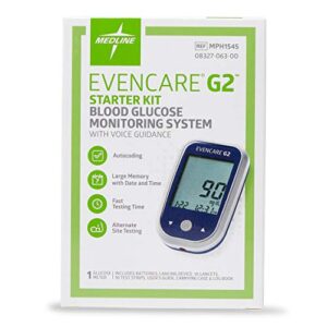 Medline EvenCare G2 Blood Glucose Monitor Starter Kit, Diabetic Care, 6 Sec Results, Meter, Lancing Device & Lancets, Test Strips, Batteries, Guide, Carrying Case, Logbook, Voice Guidance