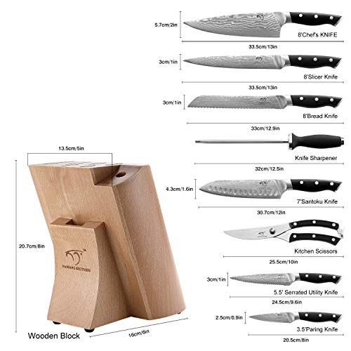 NANFANG BROTHERS Knife Set, 9-Piece Damascus Kitchen Knife Set with Block, ABS Ergonomic Handle for Chef Knife Set, Knife Sharpener and Kitchen Shears, Knife Block Set