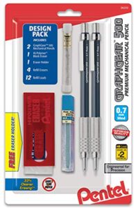 pentel graphgear 500 automatic pencil kit, 0.7mm, refill leads, block eraser 2 pack (pg527lebp2)